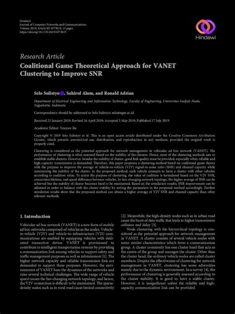 Pdf Coalitional Game Theoretical Approach For Vanet Clustering