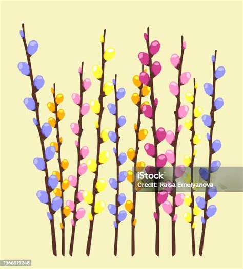 버드나무 밝은 노란색 배경에 여러 가지 빛깔의 버드 나무 가지 부활절 장식에 사용할 수 있습니다 0명에 대한 스톡 벡터 아트 및 기타 이미지 Istock
