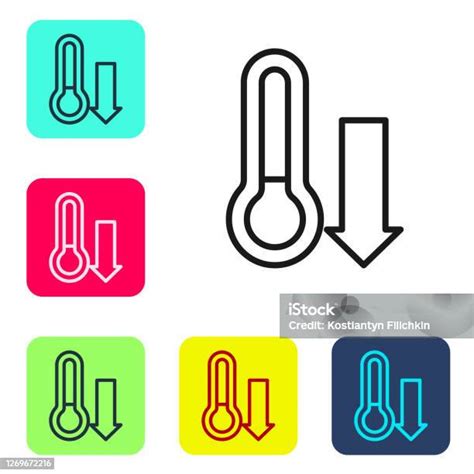 흰색 배경에 격리 된 검은 줄 기상 온도계 측정 아이콘 온도계 장비는 덥거나 추운 날씨를 표시합니다 색상 정사각형 단추로 아이콘을 설정합니다 벡터 0명에 대한 스톡 벡터