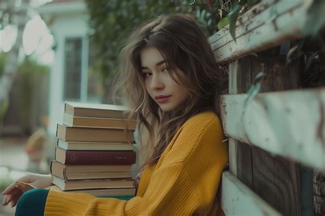 Woman Captured Reading Stack Books Premium Ai Generated Image
