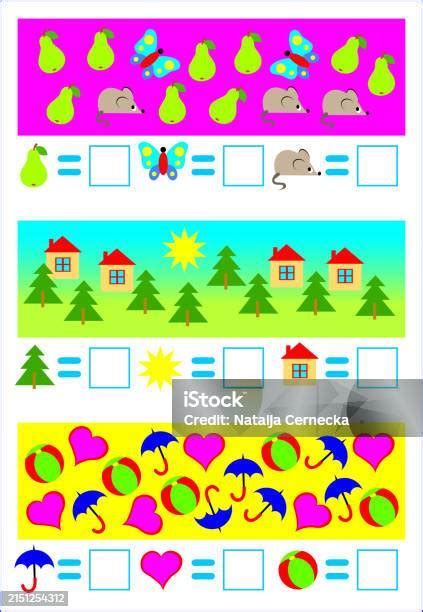 어린 아이들을 위한 교육 페이지입니다 개체를 계산하고 해당 숫자를 써야 합니다 계산 기술 개발 벡터 만화 이미지입니다 0명에