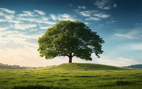 Premium Photo Beautiful Tree In The Middle Of A Field Covered With Grass With The Tree Line In