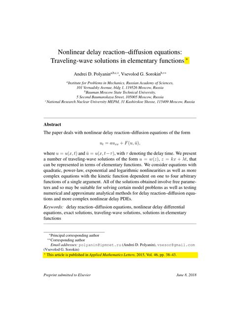 Pdf Nonlinear Delay Reactiondiffusion Equations Traveling Wave