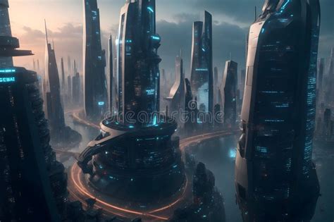 A Futuristic Cityscape Defended By Towering Cybersecurity Image Generated By Ai Stock