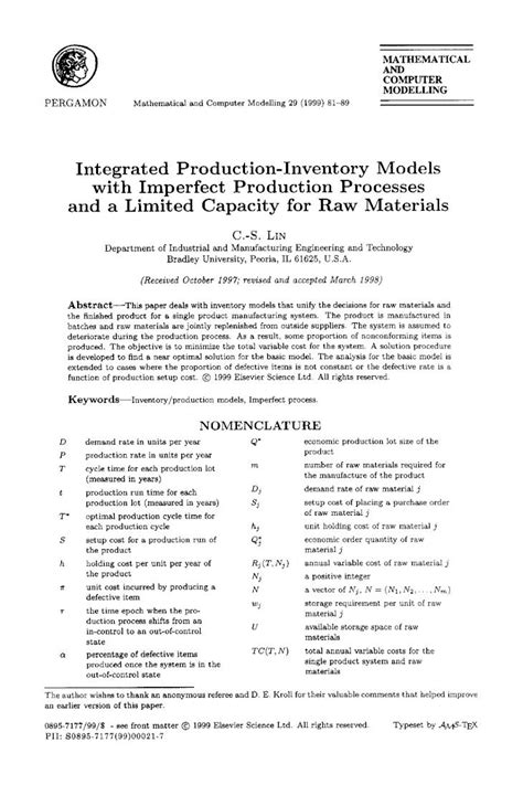 Pdf Integrated Production Inventory Models With Imperfect Production