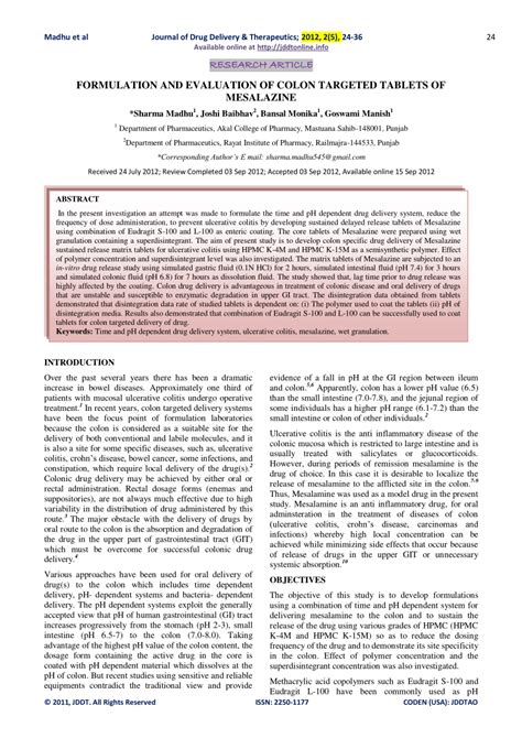 Pdf Formulation And Evaluation Of Colon Targeted Tablets Of Mesalazine