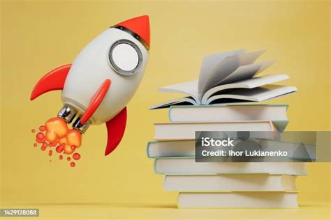 반응 학습 노란색 배경에 책 더미 근처에서 로켓을 벗습니다 3d 렌더링 개념에 대한 스톡 사진 및 기타 이미지 개념 개념과 주제 공부 Istock
