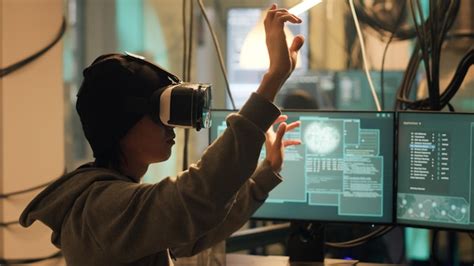 Premium Photo Male Spy Planting Virus With Vr Headtset At Night Using Virtual Reality To Hack