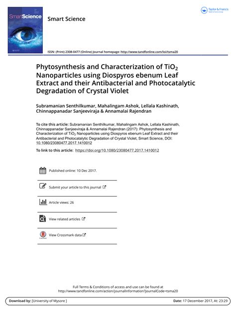 Pdf Phytosynthesis And Characterization Of Tio 2 Nanoparticles Using Diospyros Ebenum Leaf