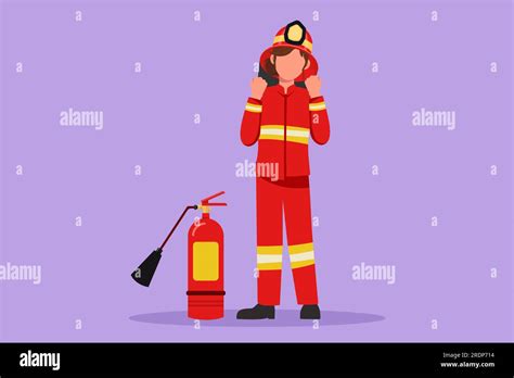 Graphic Flat Design Drawing Female Firefighter Stands With Fire Extinguisher Wear Helmet