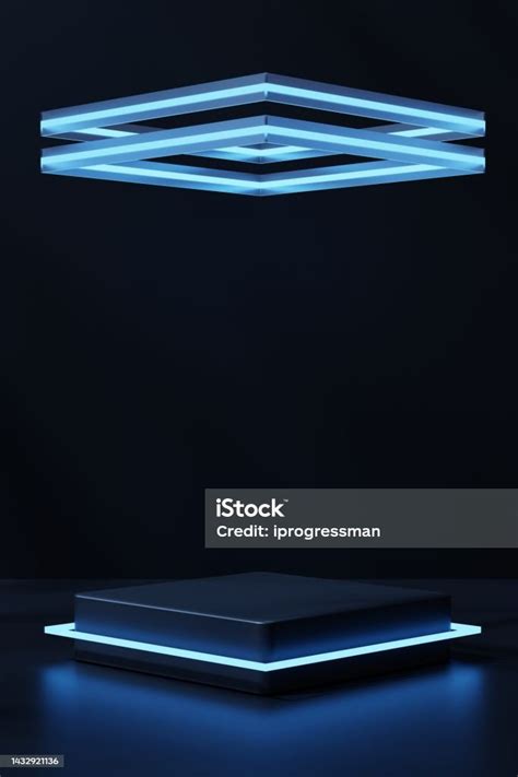 검은 배경에 파란색 네온 광선이있는 하나의 연단의 수직 이미지 3d 렌더링 3차원 형태에 대한 스톡 사진 및 기타 이미지 3차원 형태 추상적인 형광색의 Istock