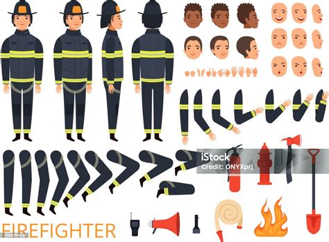 소방 관 캐릭터입니다 소방 관 신체 부위 및 전문 도구와 특별 한 유니폼 전투 소화기 삽 도끼 벡터 소방관에 대한 스톡 벡터
