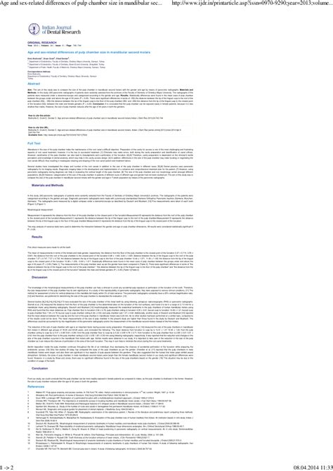 Pdf Age And Sex Related Differences Of Pulp Chamber Size In Mandibular Second Molars