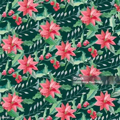 수채화 원활한 패턴 귀여운 크리스마스 꽃 손으로 색상 배경에 포장지 섬유 직물과 벽지 장식에 대한 나뭇 가지 잎 열매와 꽃과 그림을 그립니다 0명에 대한 스톡 벡터 아트 및