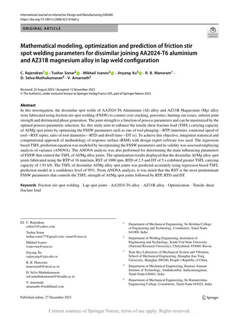 Mathematical Modeling Optimization And Prediction Of Friction Stir Spot Welding Parameters For