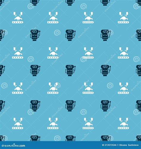 Set Robot Low Battery Charge And Robotic Robot Arm On Factory On Seamless Pattern Vector Stock