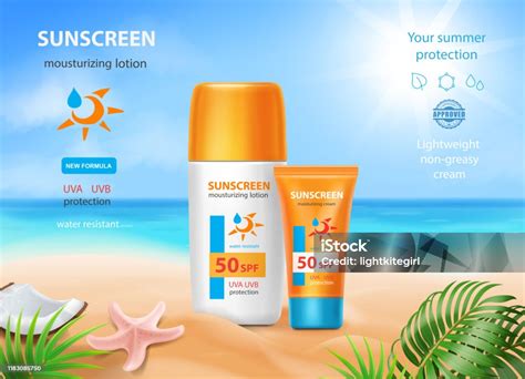 자외선 차단 선스크린 광고 여름 해변 배경에 자외선 차단 크림 튜브 열대 기후에 대한 스톡 벡터 아트 및 기타 이미지 열대 기후 해변 3차원 형태 Istock