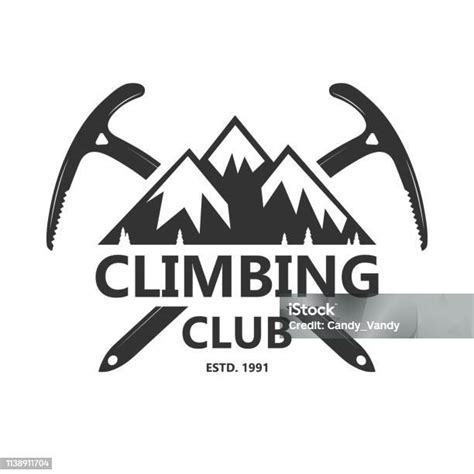 등반 및 알파인 클럽 배지 로고 인쇄 또는 스탬프에 대 한 개념입니다 등반과 등산을 위한 교차 얼음 도끼 산악 장비 야외 모험 엠 블 럼 벡터 일러스트입니다 로고에 대한
