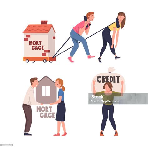 신용 벡터 세트의 무거운 부담을 짊어지고 있는 남성과 여성과의 모기지의 심각성 개체 그룹에 대한 스톡 벡터 아트 및 기타 이미지 개체 그룹 과중한 짐 금융 Istock
