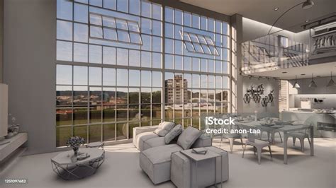 3d 렌더링 주방이 있는 현대적인 개방형 거실 공간 로프트 스타일의 듀플렉스 아파트 레지던스 홈 데코 명품 인테리어 디자인 0명에 대한 스톡 사진 및 기타 이미지 Istock