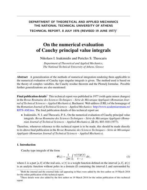 Pdf On The Numerical Evaluation Of Cauchy Principal Value Integrals