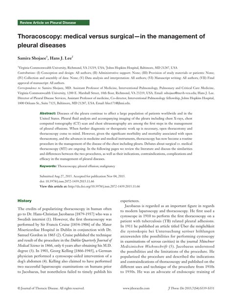 Pdf Thoracoscopy Medical Versus Surgical In The Management Of Pleural Diseases