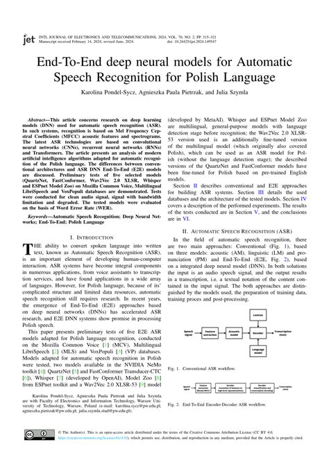 Pdf End To End Deep Neural Models For Automatic Speech Recognition For Polish Language