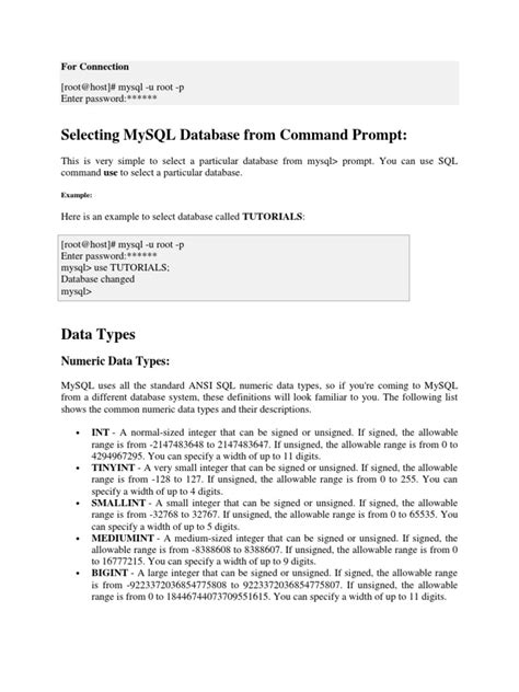 Selecting Mysql Database From Command Prompt Numeric Data Types Pdf Database Index