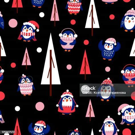 분홍색 빨간색과 흰색 스웨터 모자와 스카프를 입고 파란색 아기 펭귄과 원활한 패턴 검은 색 배경 전나무 나무 즐거운 성탄절 벽지