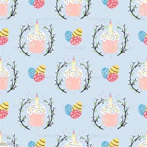 축제 전통 음식입니다 부활절 부활절 케이크와 계란와 버드 나무와 꽃의 완벽 한 패턴입니다 봄 배경 벡터 일러스트 레이 션 공휴일에 대한 스톡 벡터 아트 및 기타 이미지