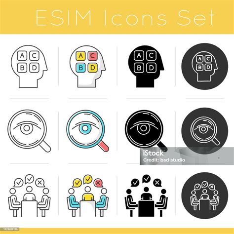 측량 방법 아이콘 세트입니다 분석 인터뷰 그룹 관리 설문지 성격 검사 피드백 사회학 글리프 디자인 선형 분필 및 색상 스타일 격리된 벡터 일러스트레이션 개념에 대한 스톡