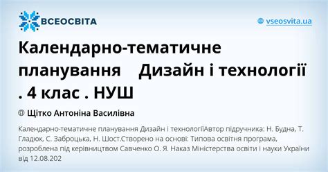 Календарно тематичне планування Дизайн і технології 4 клас НУШ КТП Дизайн і технології