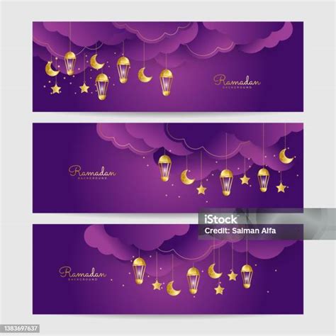 라마단 랜턴 퍼플 골드 컬러풀 와이드 배너 디자인 배경 세트 0명에 대한 스톡 벡터 아트 및 기타 이미지 0명 3차원 형태 Eid Mubarak Istock