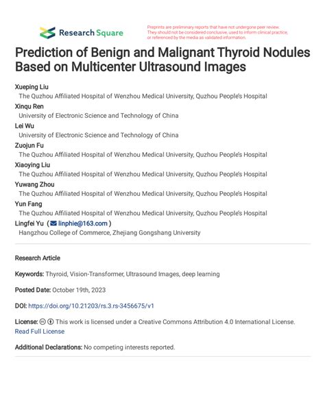 Pdf Prediction Of Benign And Malignant Thyroid Nodules Based On Multicenter Ultrasound Images