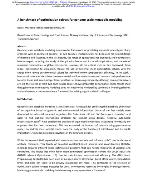 Pdf A Benchmark Of Optimization Solvers For Genome Scale Metabolic