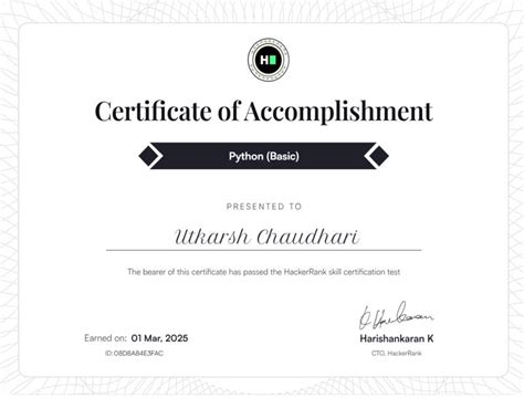 Utkarsh Chaudhari On Linkedin Python Certification Hackerrank