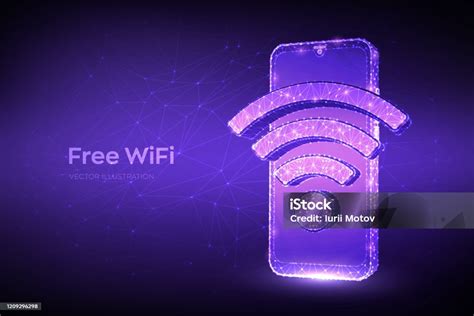 무료 와이파이 개념 와이파이 기호와 추상 낮은 다각형 스마트 폰 핫스팟 신호 기호입니다 모바일 연결 영역입니다 데이터 전송 공공 평가 영역 무선 연결 개념입니다 벡터