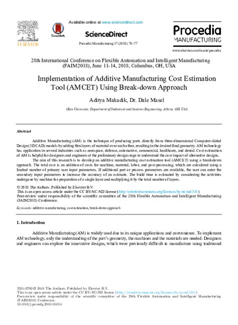 Pdf Implementation Of Additive Manufacturing Cost Estimation Tool Amcet Using Break Down