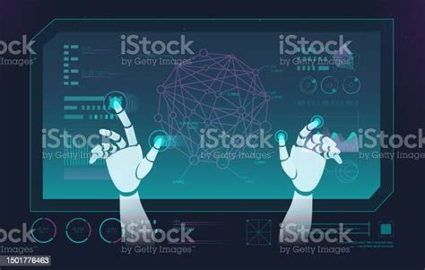 Ai 로봇이 홀로그램 버튼을 터치하고 누르는 모습은 시각적 인터페이스로 화면에 표시됩니다 인공 지능을 사용한 자동 작업에 대한 개념 그림입니다 기계류에 대한 스톡 벡터 아트