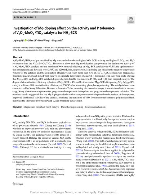 Investigation Of Mg Doping Effect On The Activity And P Tolerance Of V2o5 Moo3 Tio2 Catalysts