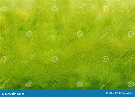 Landscape Green Watercolor Grass Field With Blur Trees Background Stock