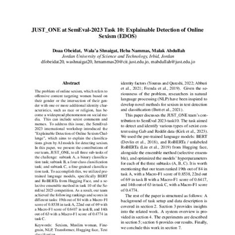 JUST ONE At SemEval 2023 Task 10 Explainable Detection Of Online Sexism EDOS ACL Anthology