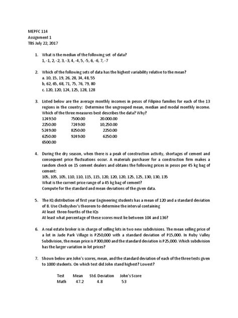 Assignment 1 Pdf Median Mean