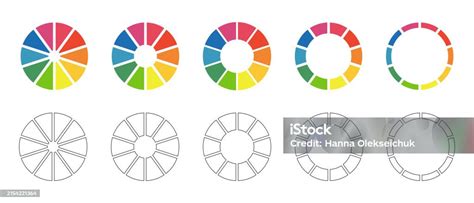 원 단면 그래프 도넛 차트 집합 10개의 동일한 부분으로 분할된 파이 바퀴는 10개의 섹션으로 나뉩니다 다이어그램 인포 그래픽 여러 가지 빛깔의 컬렉션 원형 차트 라운드