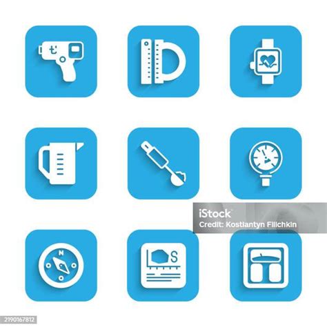 계량스푼 면적 측정 욕실 저울 압력 수량계 나침반 컵 스마트 시계 및 디지털 온도계 아이콘을 설정합니다 벡터 공학에 대한 스톡