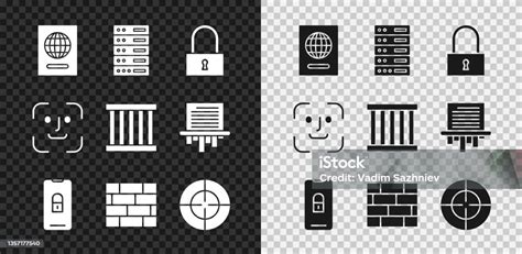 여권 서버 데이터 웹 호스팅 잠금 닫힌 자물쇠 벽돌 대상 얼굴 인식 및 감옥 창 아이콘이있는 모바일을 설정합니다 벡터 Brand Name Smart Phone에 대한 스톡