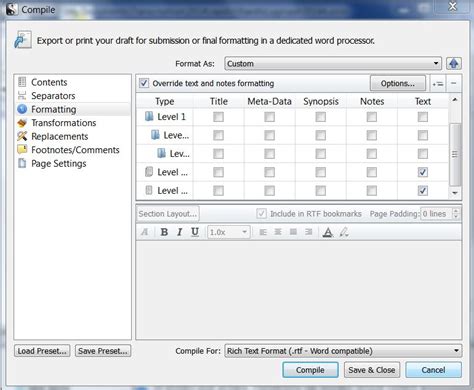 Compile Formatting Pane Need Resizable Columns Scrivener For Windows