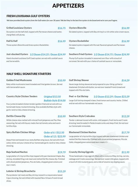 The Half Shell Menus In Memphis Tennessee United States
