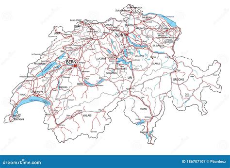 Schweiz Straßen Und Landstraßenkarte Vektor Abbildung Illustration