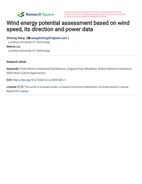 Pdf Wind Energy Potential Assessment Based On Wind Speed Its Direction And Power Data